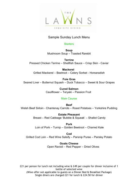 Sunday Lunch Menu - Thornton Hall Hotel & Spa