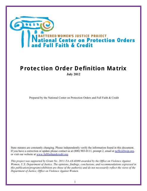 Protection Order Definition Matrix - Battered Women's Justice Project