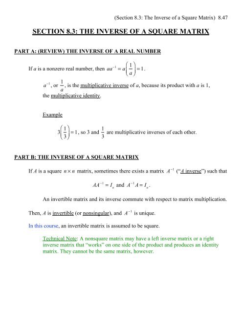 SECTION 8.3: THE INVERSE OF A SQUARE MATRIX - Kkuniyuk.com