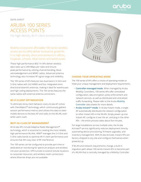 ARUBA 100 SERIES ACCESS POINTS