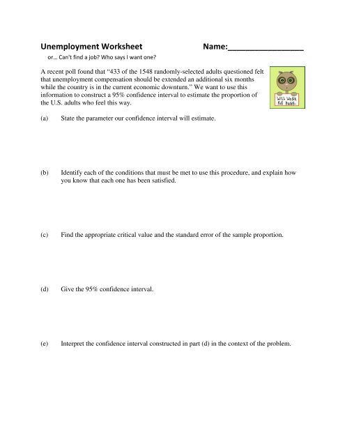 Unemployment Worksheet Name