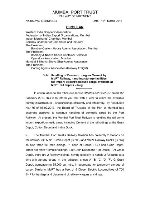 Handling of Domestic cargo – Cement by MbPT ... - Mumbai Port Trust
