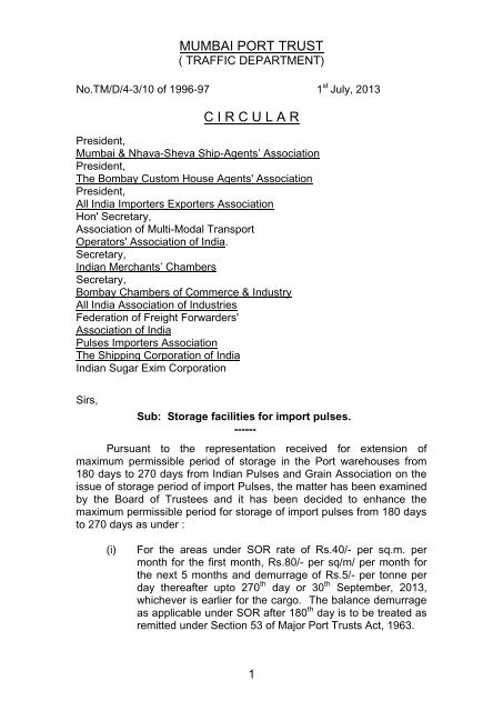 Storage facilities for import pulses - Mumbai Port Trust