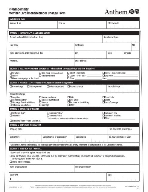 PPO/Indemnity Member Enrollment/Member Change Form - Anthem