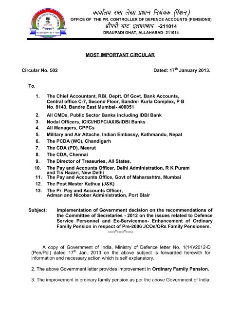 Circular No. 502 - Controller of Defence Accounts (Pensions)