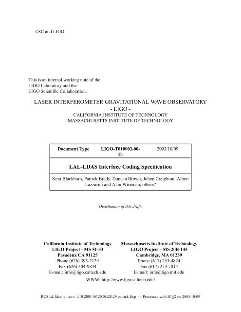 LAL-LDAS Interface Coding Specification - UWM LSC