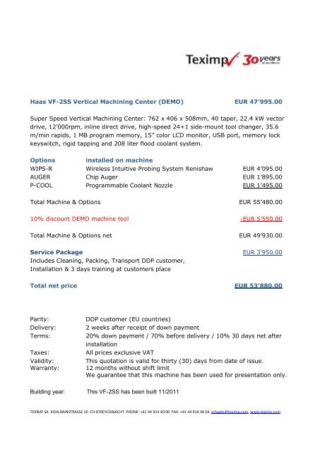 Haas VF-2SS Vertical Machining Center (DEMO) EUR ... - Teximp SA