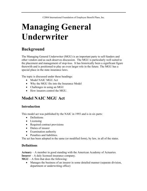 Managing General Underwriter - International Foundation of ...