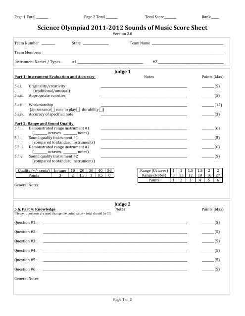 Sounds of Music Judges Score Sheet - Science Olympiad