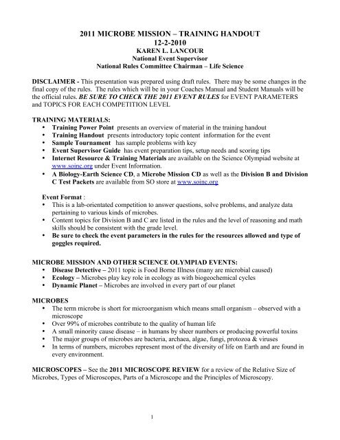 training handout 12-2-2010 - Science Olympiad