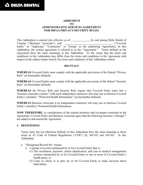 ADDENDUM TO ADMINISTRATIVE SERVICES AGREEMENT FOR ...