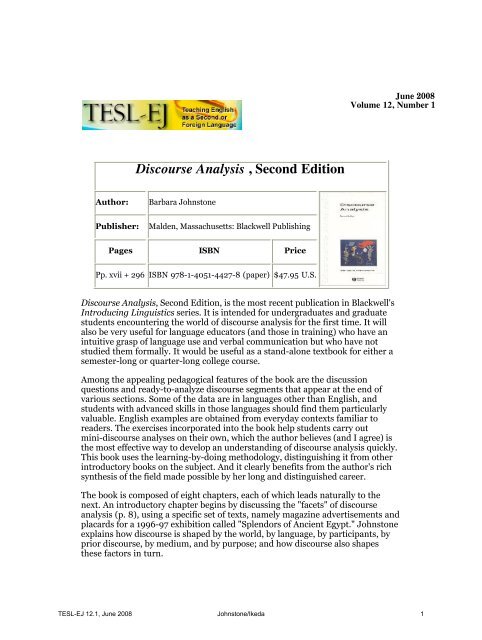 TESL-EJ 12.1 -- Discourse Analysis, Second Edition