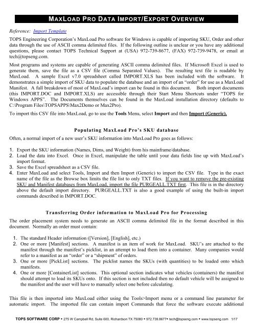 Import/export Instructions for MaxLoad Pro - TOPS - Packaging ...