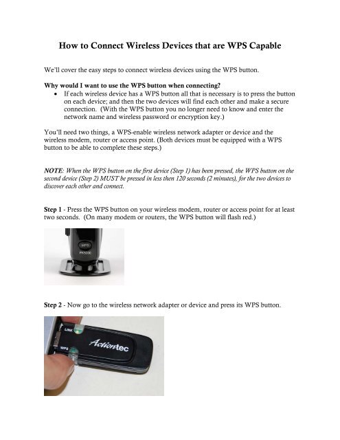 How to Connect Wireless Devices that are WPS - Actiontec