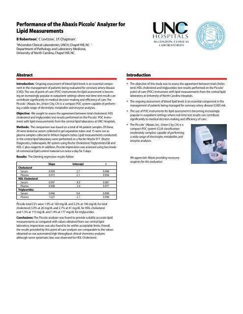 Performance of the Abaxis Piccolo Analyzer for Lipid Measurements