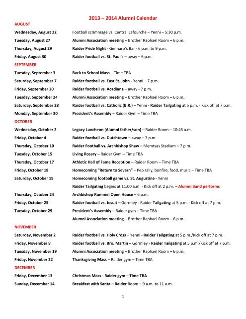 Calendar for Alumni - Archbishop Rummel High School