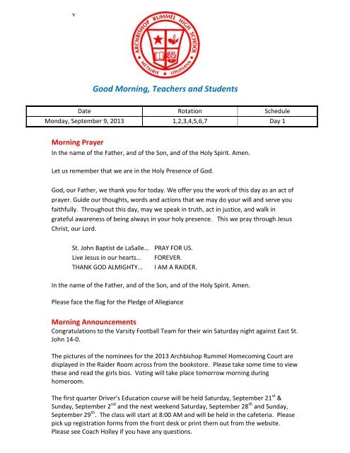 Morning Announcements - Archbishop Rummel High School