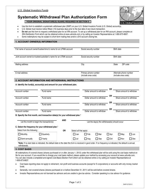 Systematic Withdrawal Plan Authorization Form - US Global Investors