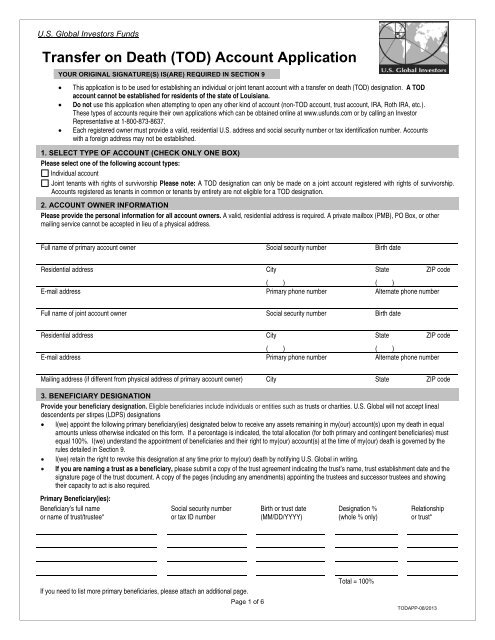 Transfer on Death (TOD) Account Application - US Global Investors