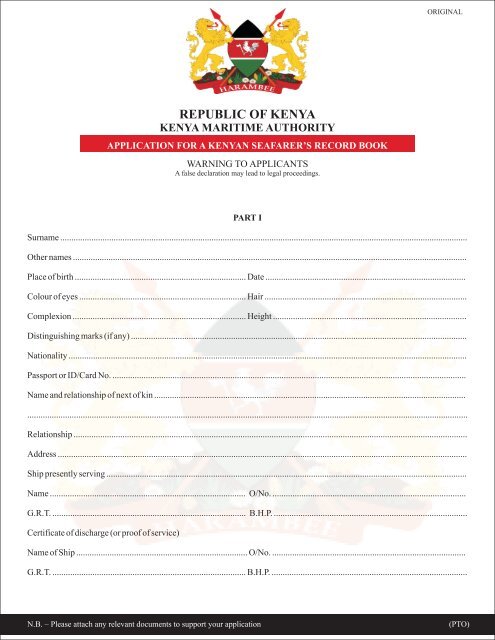 Application for a Kenyan Seafarer's Record Book - KMA