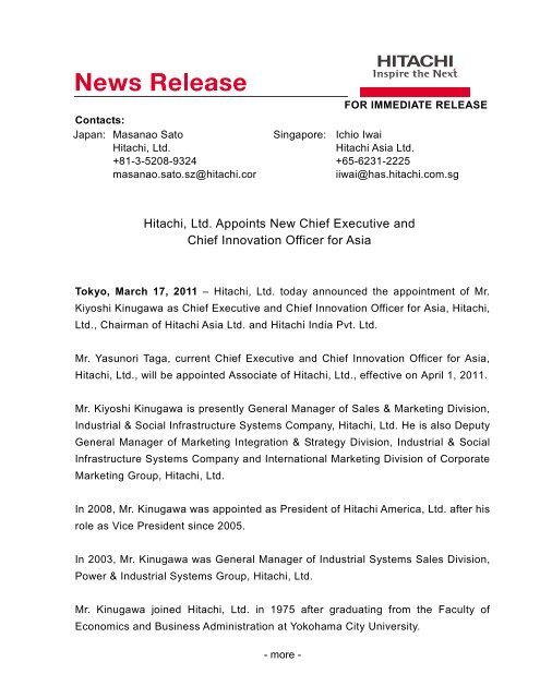 Hitachi, Ltd. Appoints New Chief Executive for Asia - Hitachi Singapore