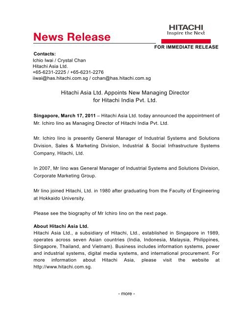 Hitachi Asia Ltd. Appoints New Managing ... - Hitachi Singapore