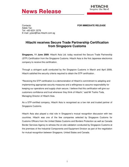 Hitachi receives Secure Trade Partnership ... - Hitachi Singapore