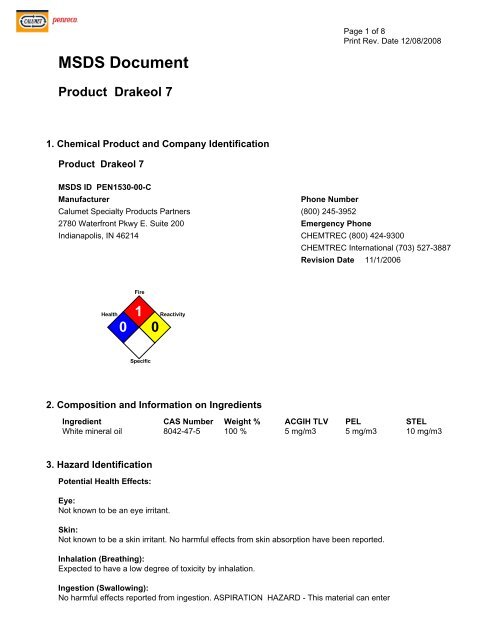 MSDS Document Product Drakeol 7 - Jswilley.com