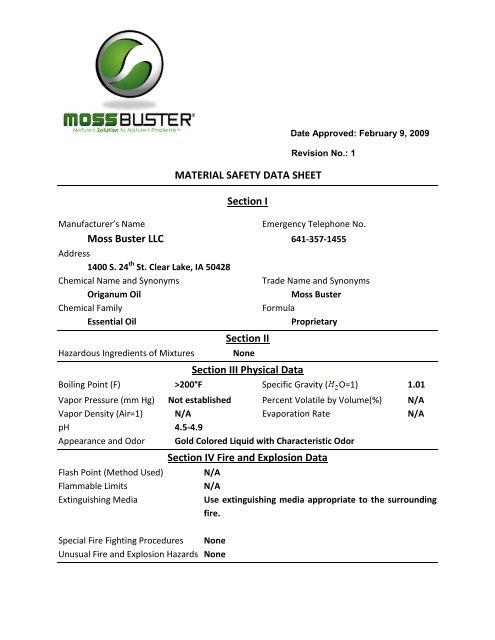 MATERIAL SAFETY DATA SHEET Section I Moss Buster LLC ...