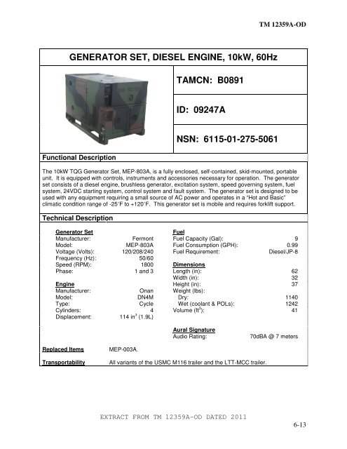 GENERATOR SET, DIESEL ENGINE, 10kW, 60Hz TAMCN: B0891 ...