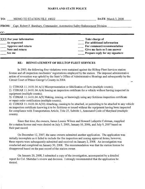 MARYLAND STATE POLICE TO: MEMO TO STATION FILE #4022 ...