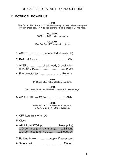 QUICK / ALERT START-UP PROCEDURE ELECTRICAL POWER UP 1