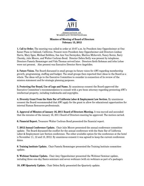 Minutes Of Meeting Of Board Of Directors February 13 2012 1 Call To 