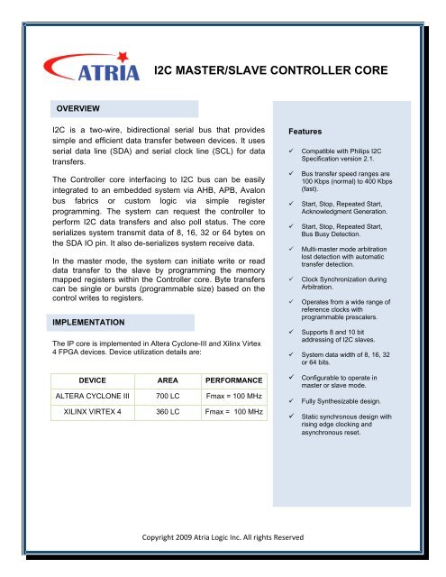 I2C MASTER/SLAVE CONTROLLER CORE - ASICSoft