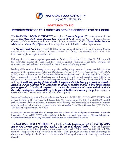 NATIONAL FOOD AUTHORITY Region VII, Cebu City ... - NFA