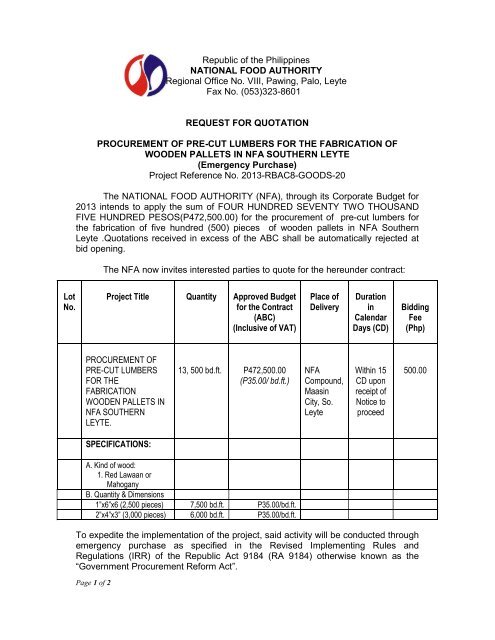 REQUEST FOR QUOTATION PROCUREMENT OF PRE-CUT ... - NFA