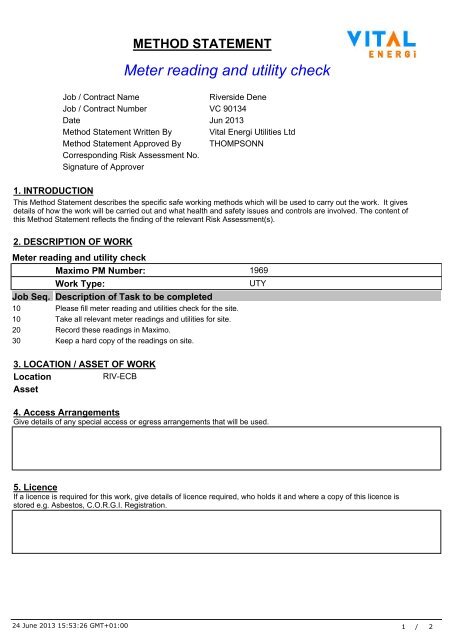 METHOD STATEMENT Meter reading and utility check - Vital Energi