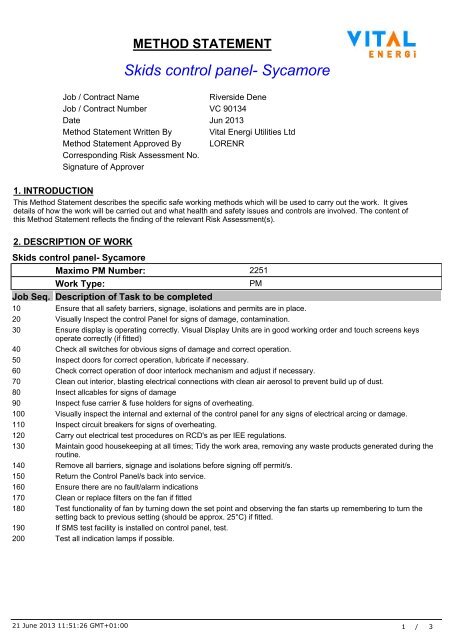 METHOD STATEMENT Skids control panel- Sycamore - Vital Energi