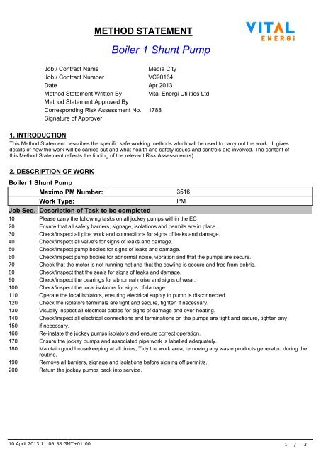METHOD STATEMENT Boiler 1 Shunt Pump - Vital Energi