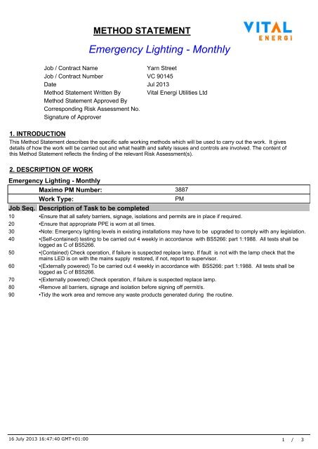 METHOD STATEMENT Emergency Lighting - Monthly - Vital Energi