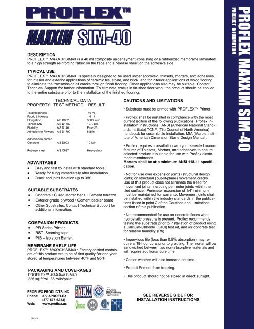 proflex maxxim sim-40 - Proflex Products Inc.