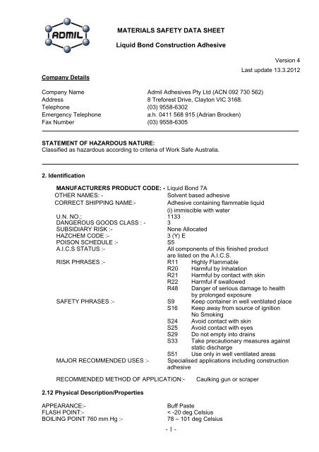MATERIALS SAFETY DATA SHEET Liquid Bond ... - Admil Adhesives