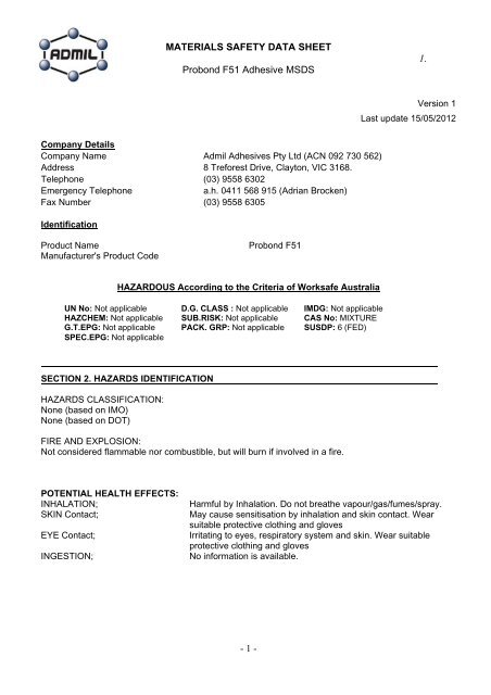 MATERIALS SAFETY DATA SHEET 1. Probond ... - Admil Adhesives