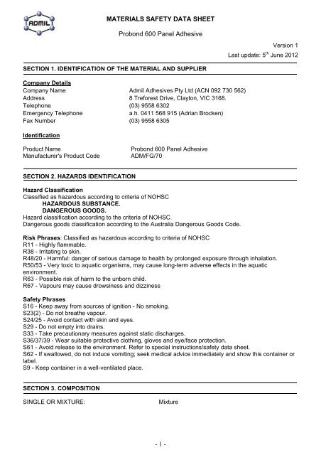 MATERIALS SAFETY DATA SHEET Probond 600 ... - Admil Adhesives