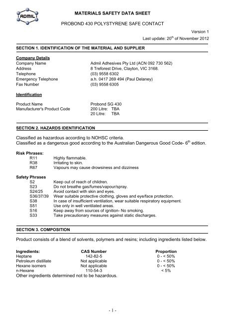 MATERIALS SAFETY DATA SHEET PROBOND ... - Admil Adhesives