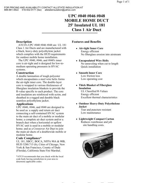 UPC #040 #046 #048 MOBILE HOME DUCT 25 ... - Allstate Insulation