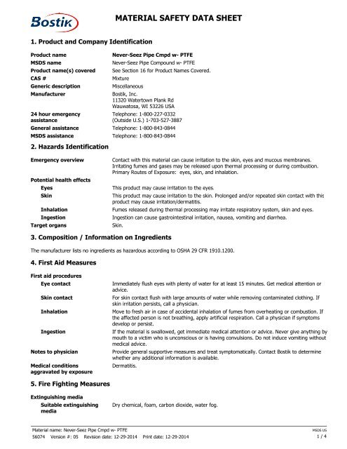 PIPE CPD PTFE 12/1# BT C - MSDS - Bostik, Inc