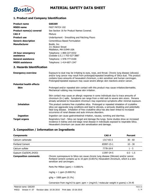 MATERIAL SAFETY DATA SHEET - Bostik, Inc