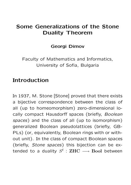 Some Generalizations of the Stone Duality Theorem Introduction