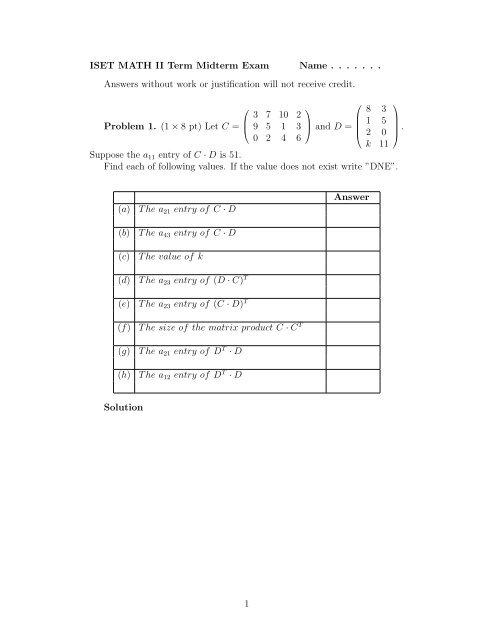 ISET MATH II Term Midterm Exam Name . . . . . . . Answers without ...
